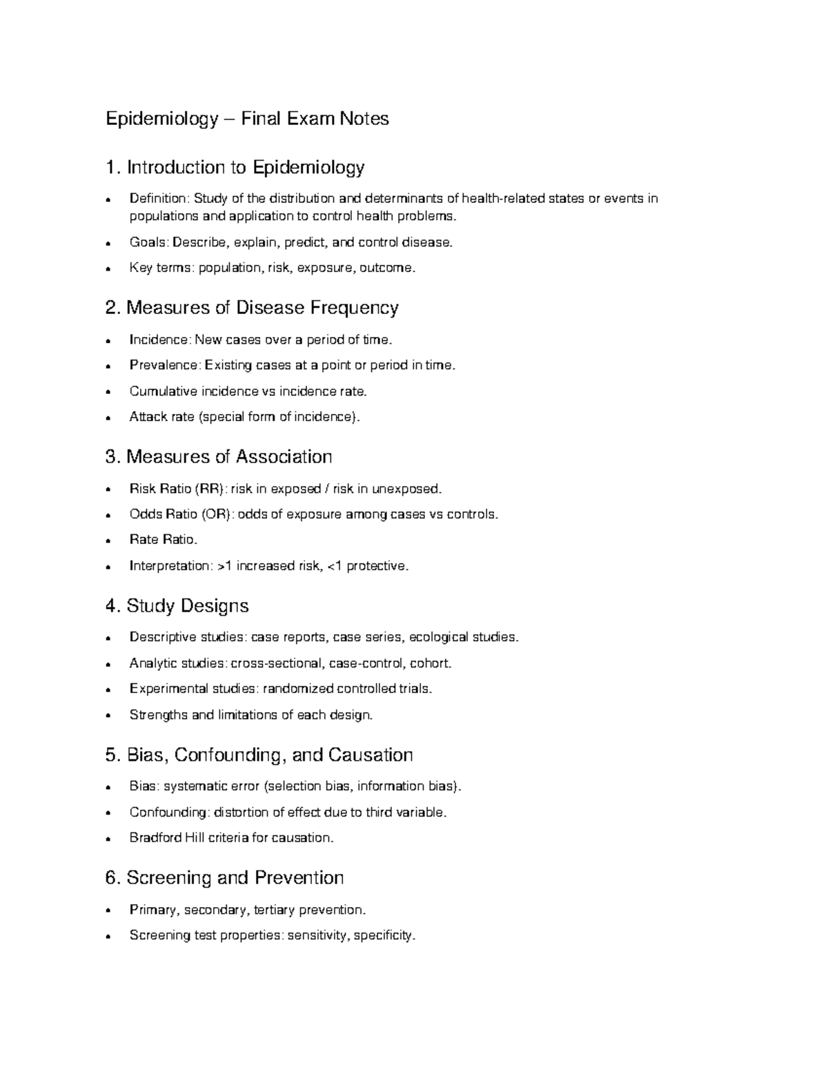 Epidemiology Final Exam Study Notes: Key Concepts & Measures - Studocu