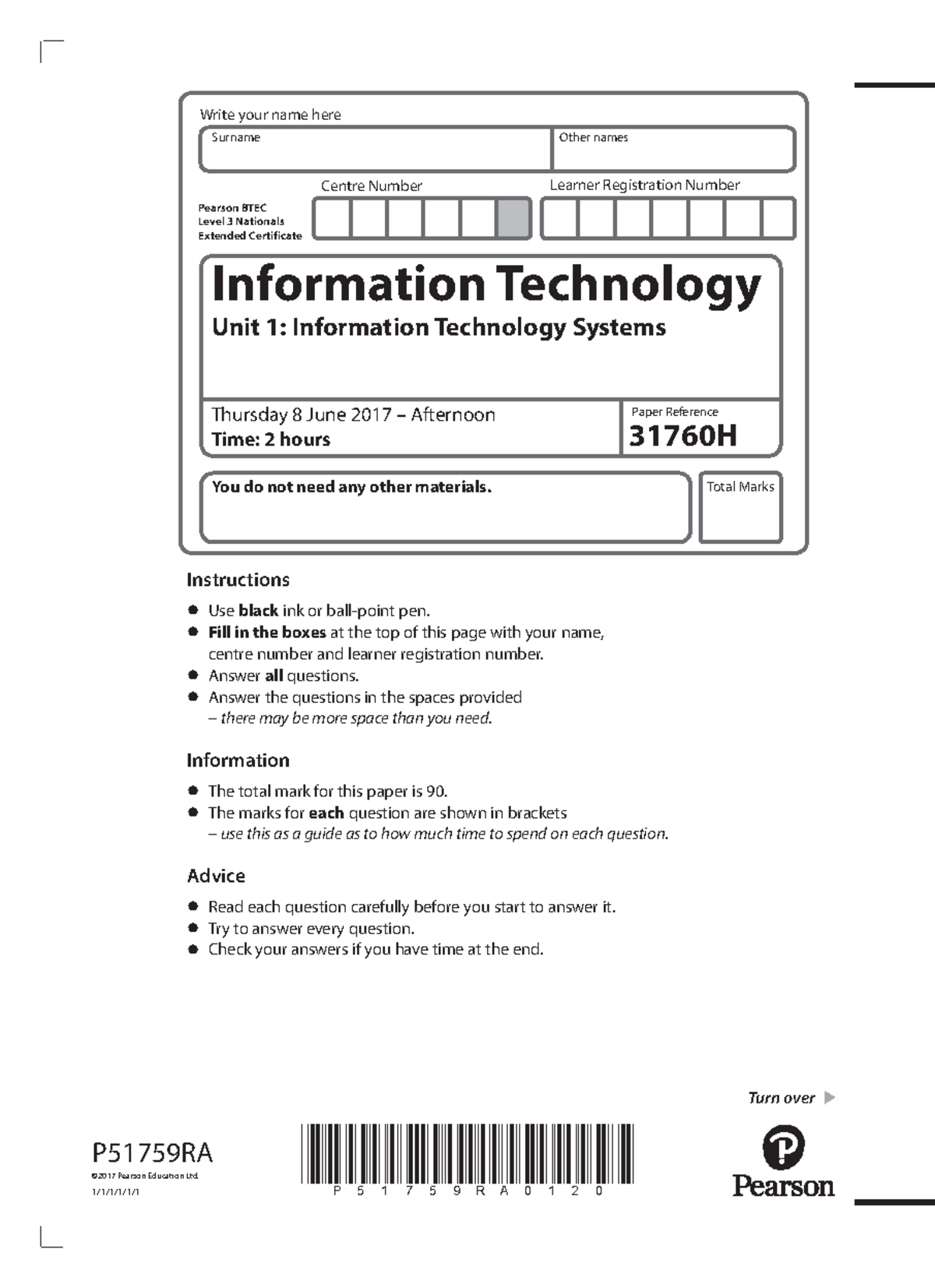 2017 Junqp - IT UNIT 1 EXAM PAPER - Centre Number Learner Registration ...