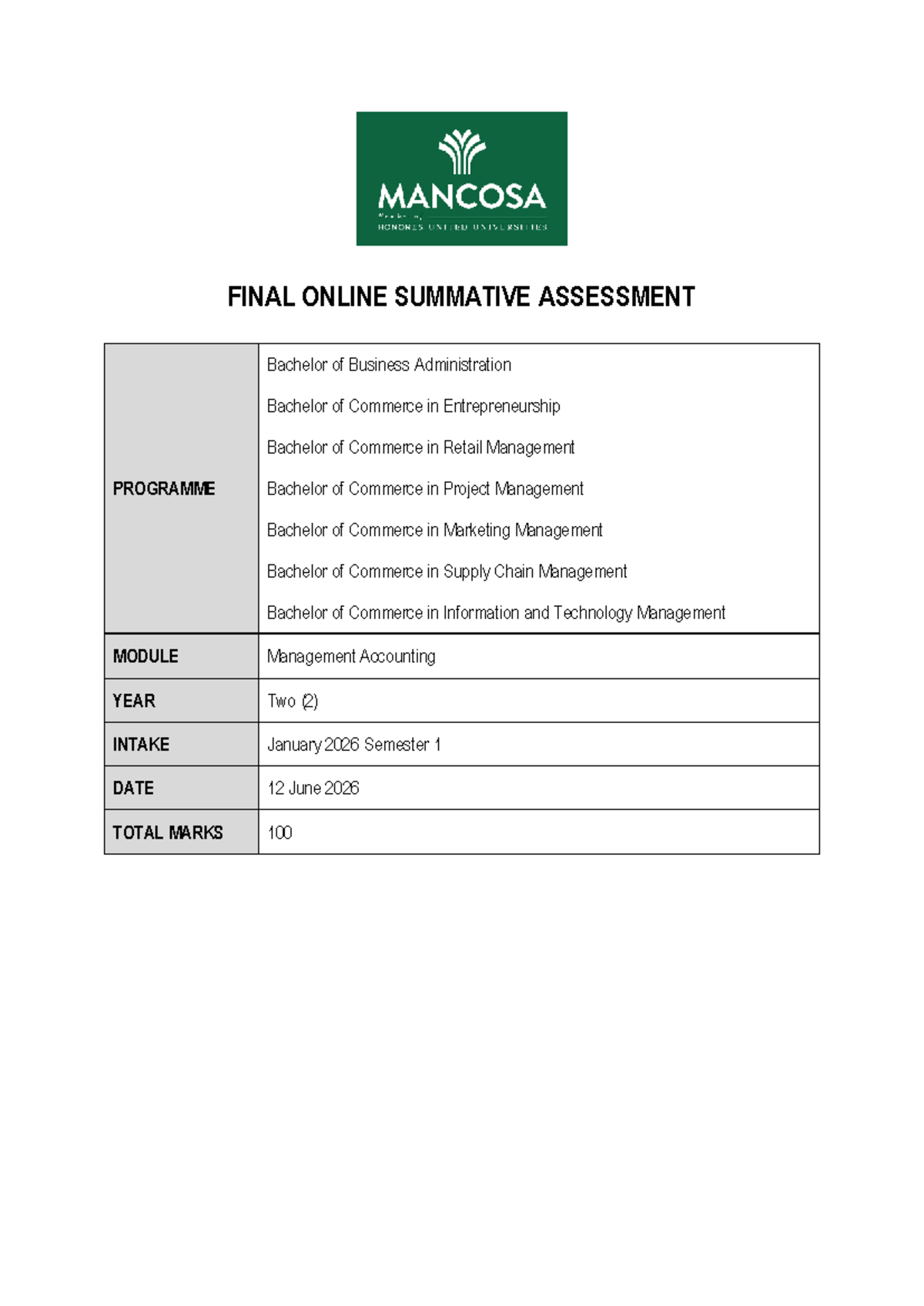 Final Online Summative Assessment - Management Accounting - Studocu