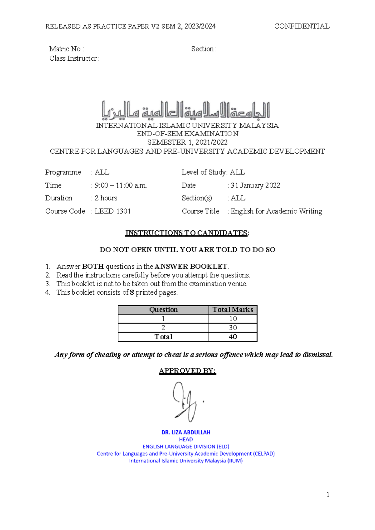 LEED 1301: Practice Paper for English for Academic Writing Exam - Studocu