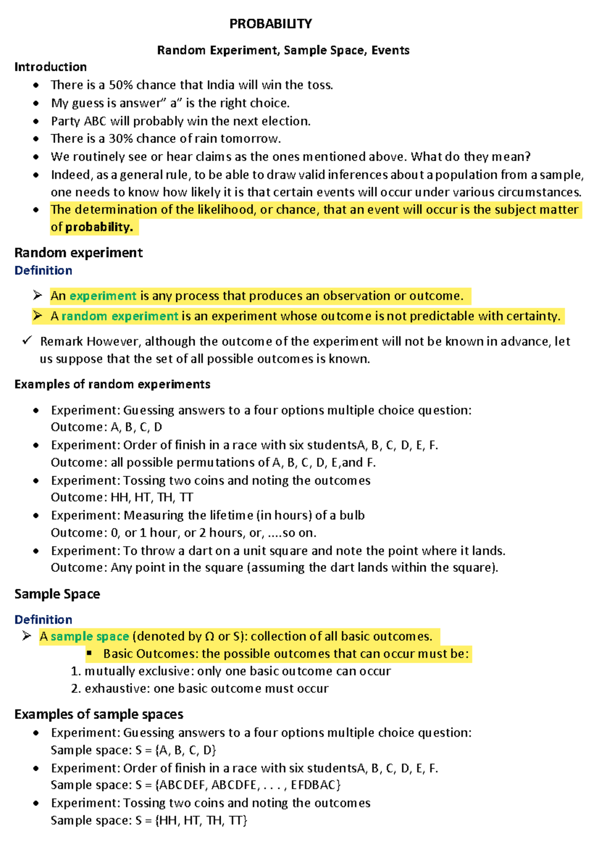 Module 1 Notes: Probability Concepts and Random Experiments - Studocu