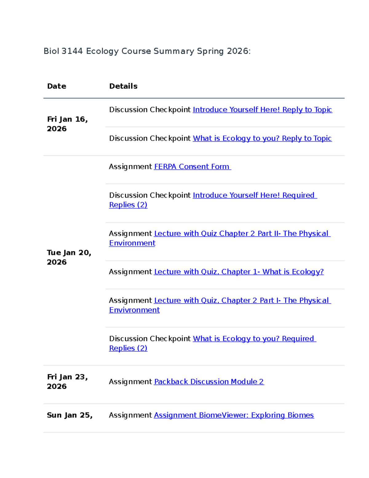 Biol 3144 Ecology Course Summary & Schedule Spring 2026 - Studocu