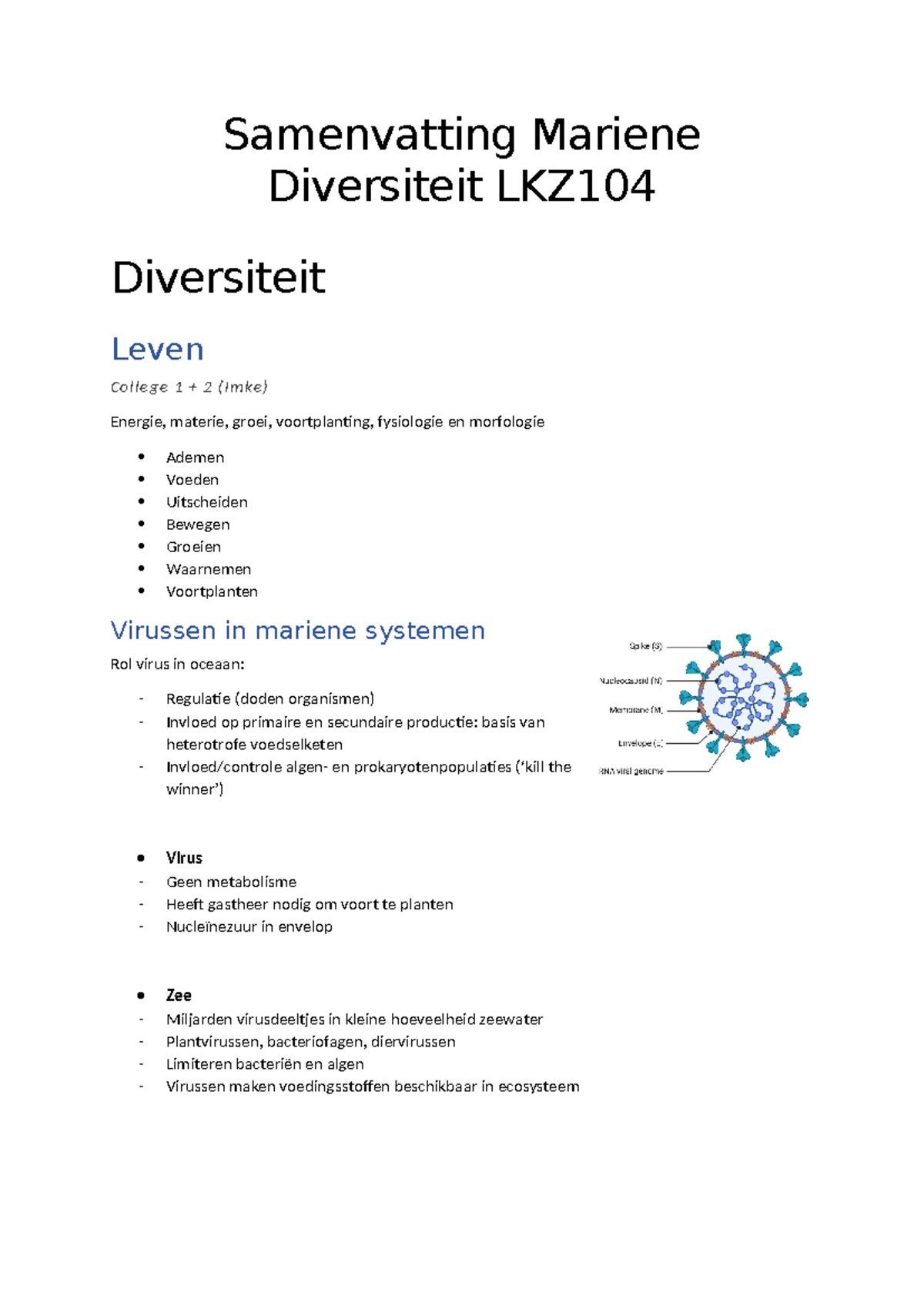 Samenvatting Mariene Diversiteit - College 1 & 2 (LKZ) - Studeersnel