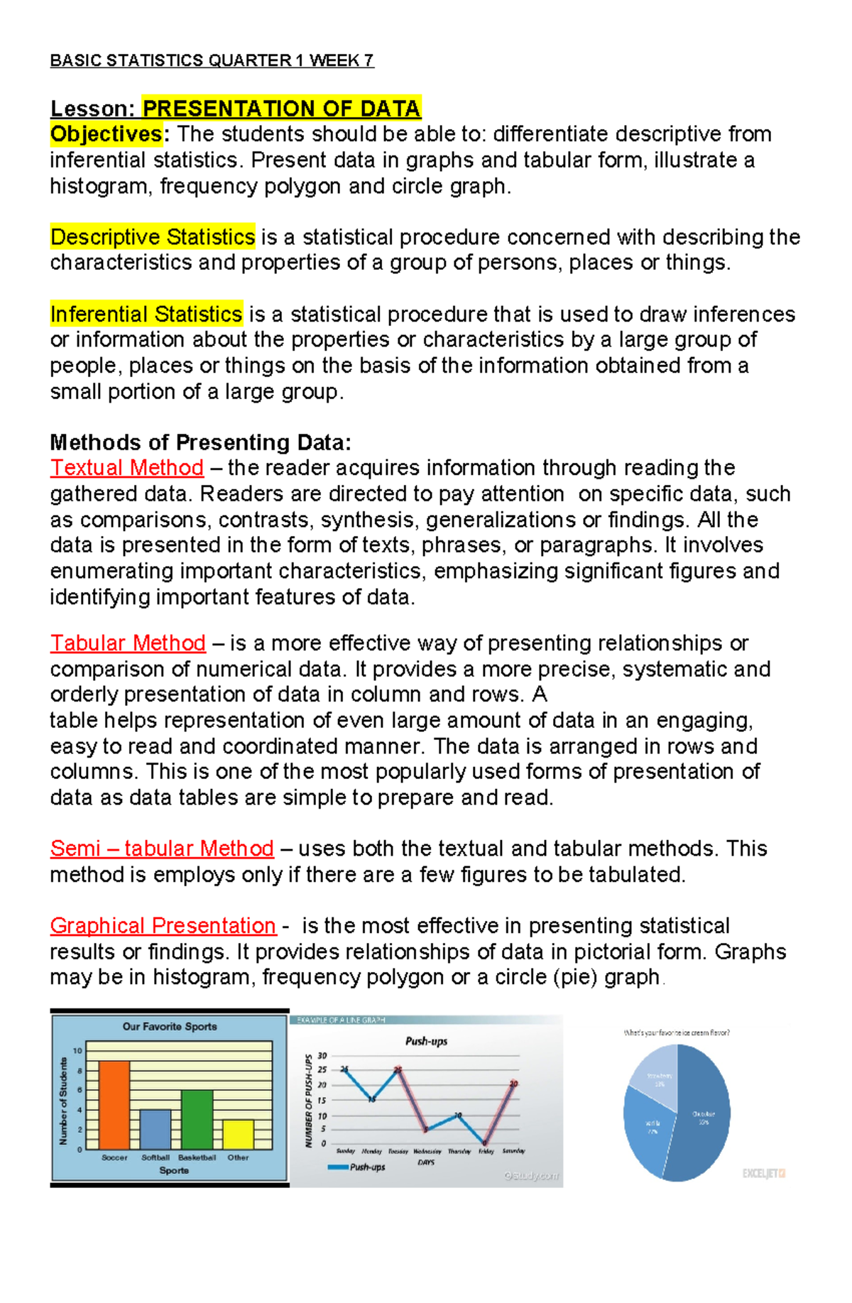 BSQ1W7 - Basic Statistics Presentation of Data Lesson for Grade 7 - Studocu