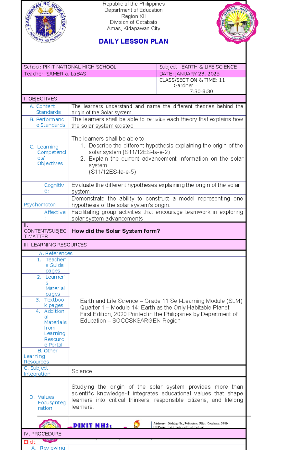 DAILY LESSON PLAN: EARTH LIFE SCIENCE (ELS-1) - JAN 23, 2025 - Studocu