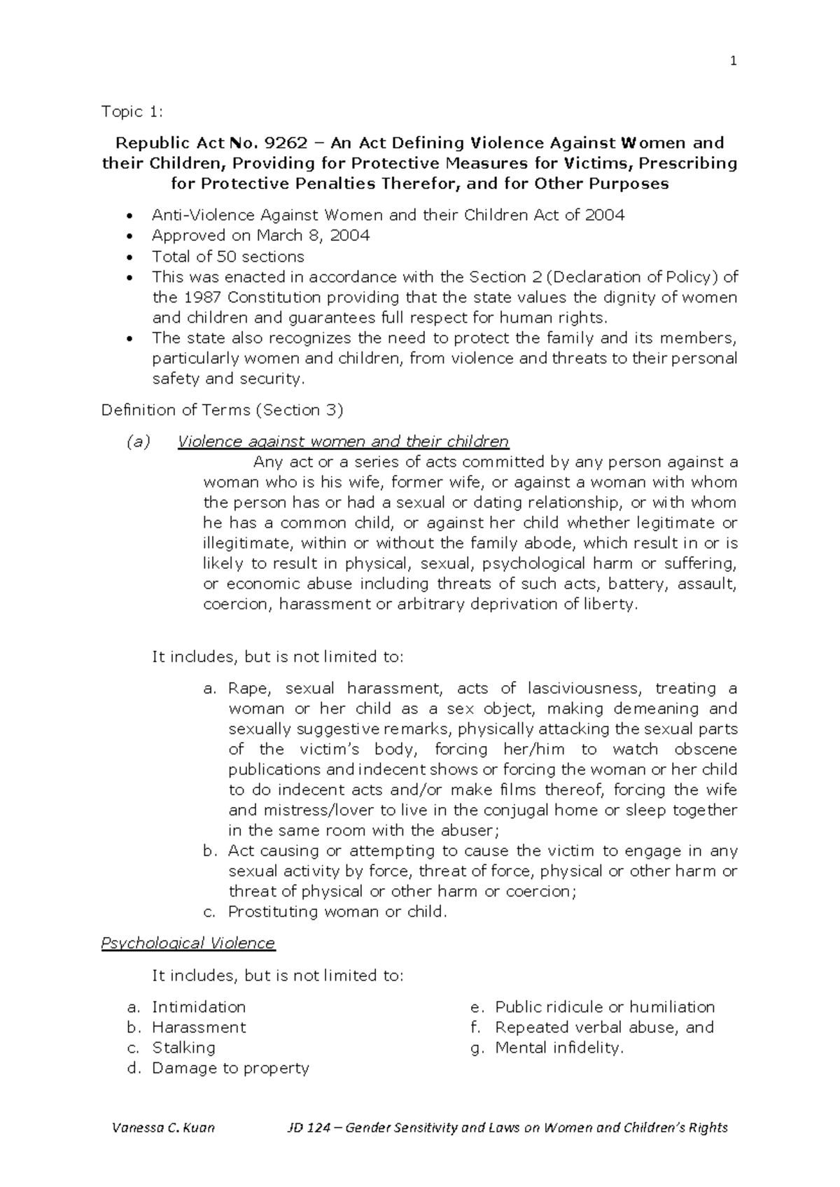 JD 124 - Notes on Gender Sensitivity: Laws on Women's Rights - Studocu