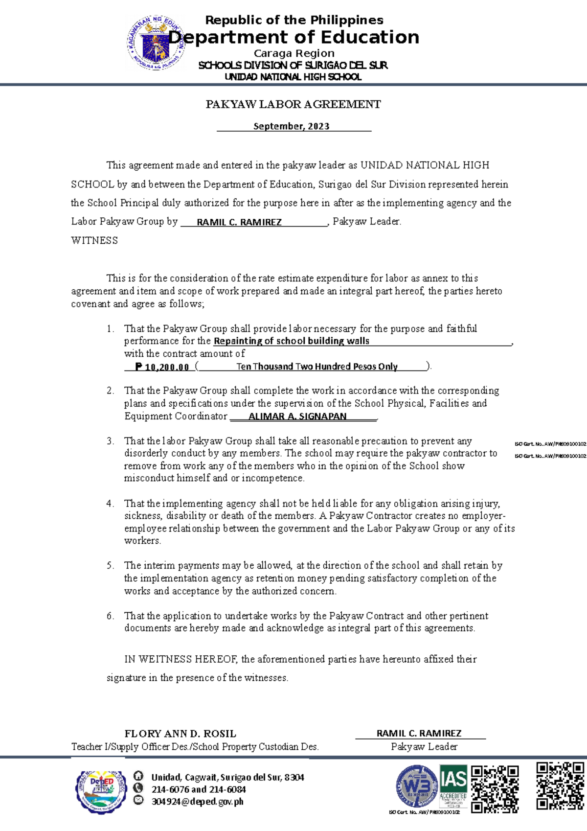 Labor Agreement - Pakyaw System for Unidad National High School - Studocu