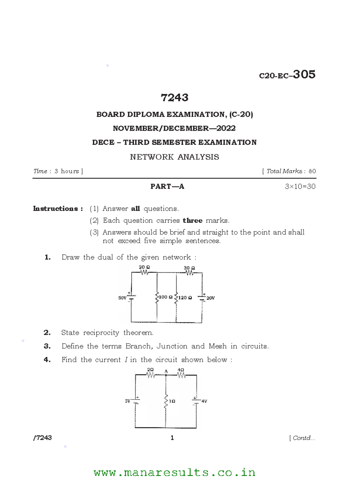 C20-EC-7243 Third Semester Exam: Network Analysis Guide - Studocu