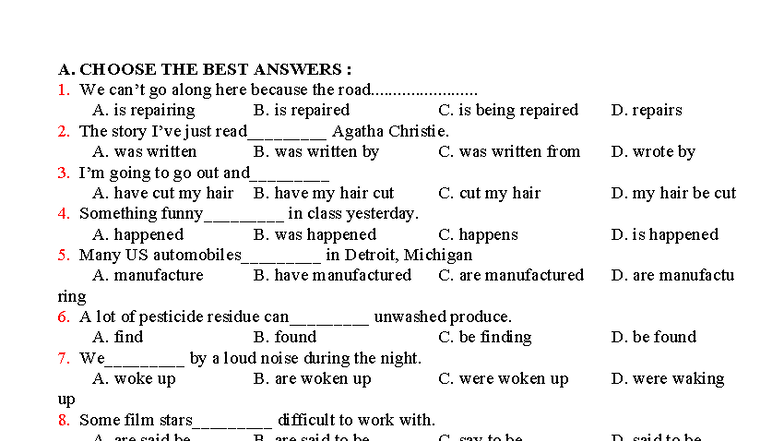 A. CHOOSE THE BEST ANSWERS: Passive Voice Exercises (ENG 101) - Studocu