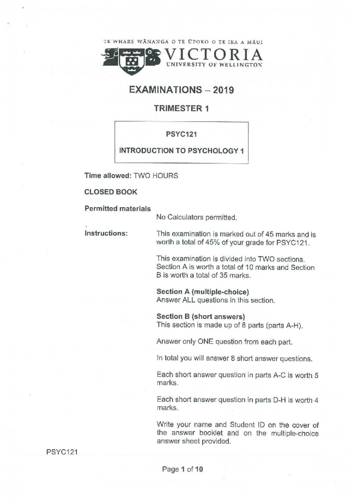 2019 PSYC121 Introduction to Psychology Exam Practice Test - Studocu