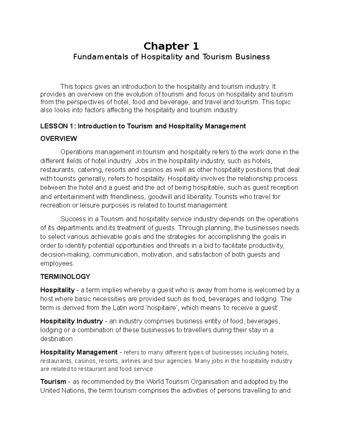 Fundamentals of Hospitality and Tourism Business - Studocu