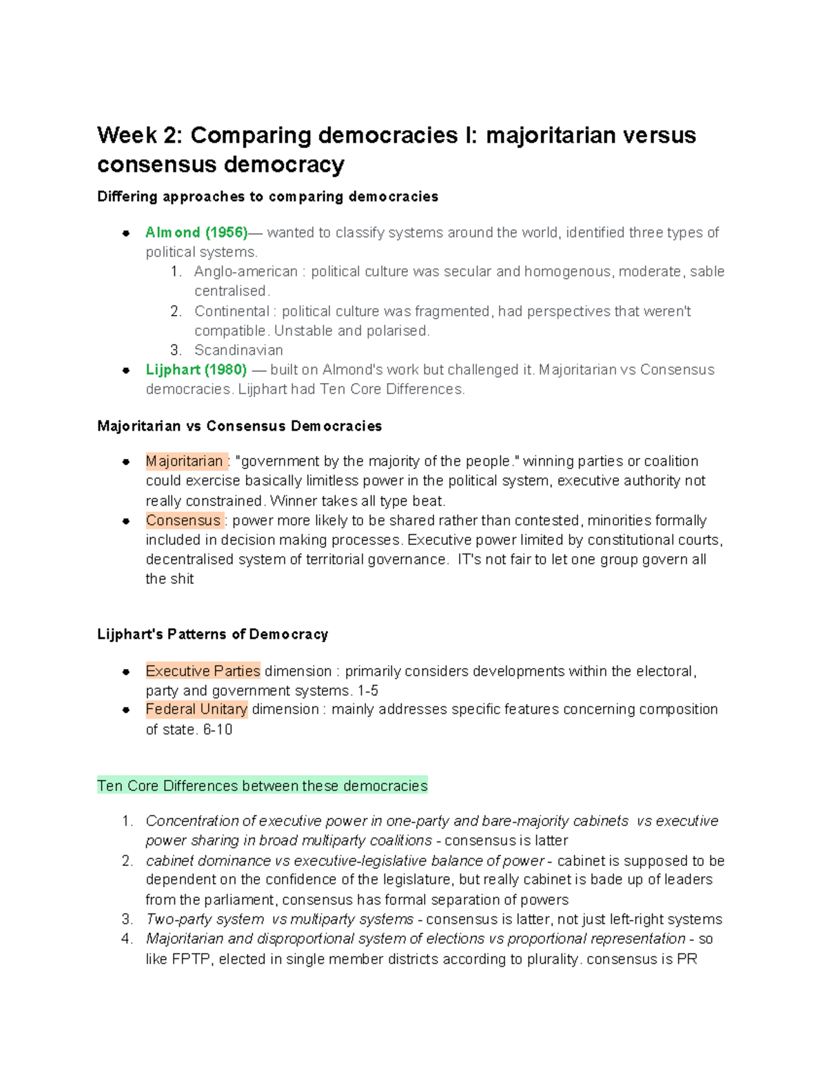 Week 2: Majoritarian vs Consensus Democracies - Key Comparisons and ...