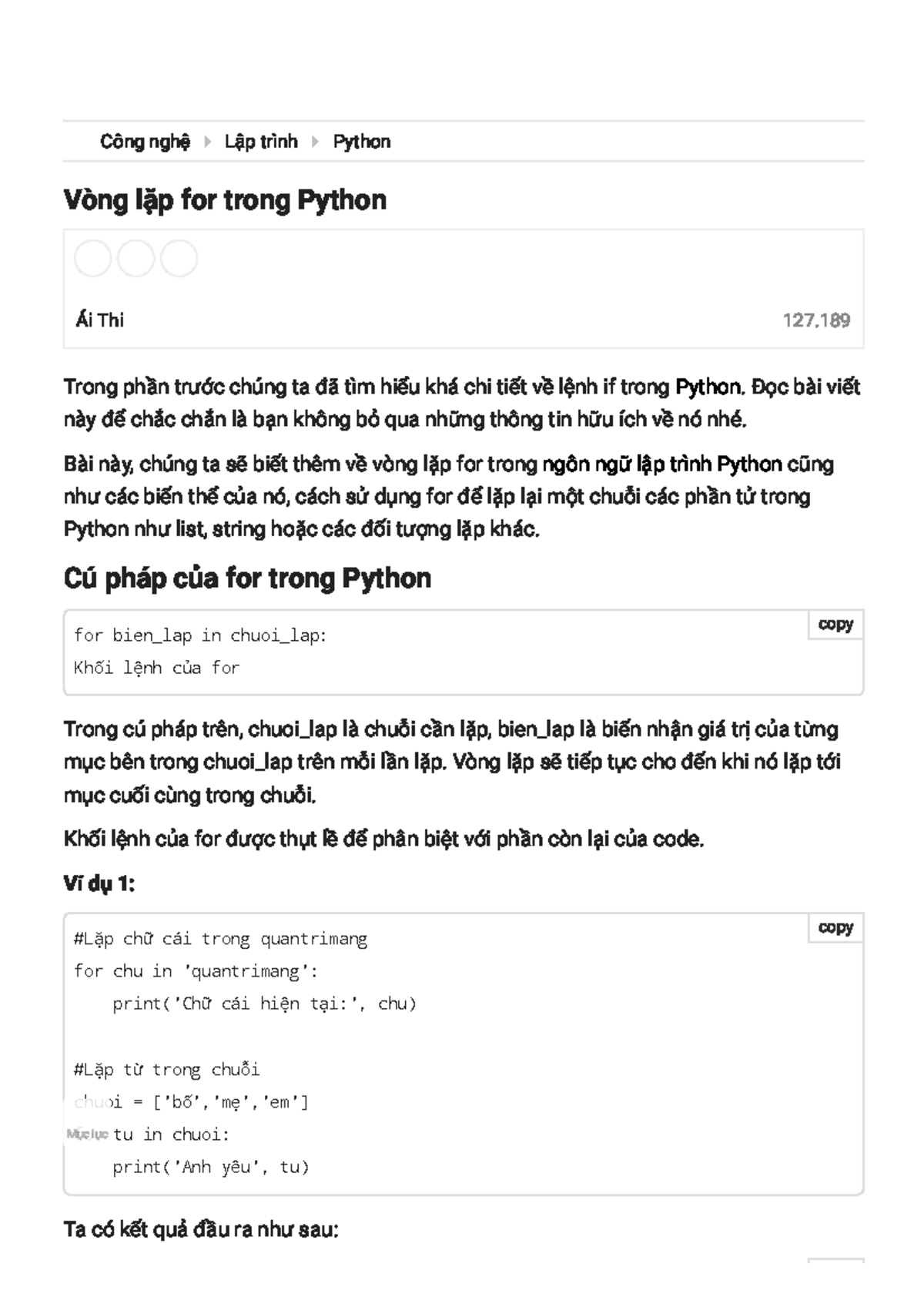 Vòng lặp for trong Python - Công nghệ Lập trình Python 127.189 - Studocu
