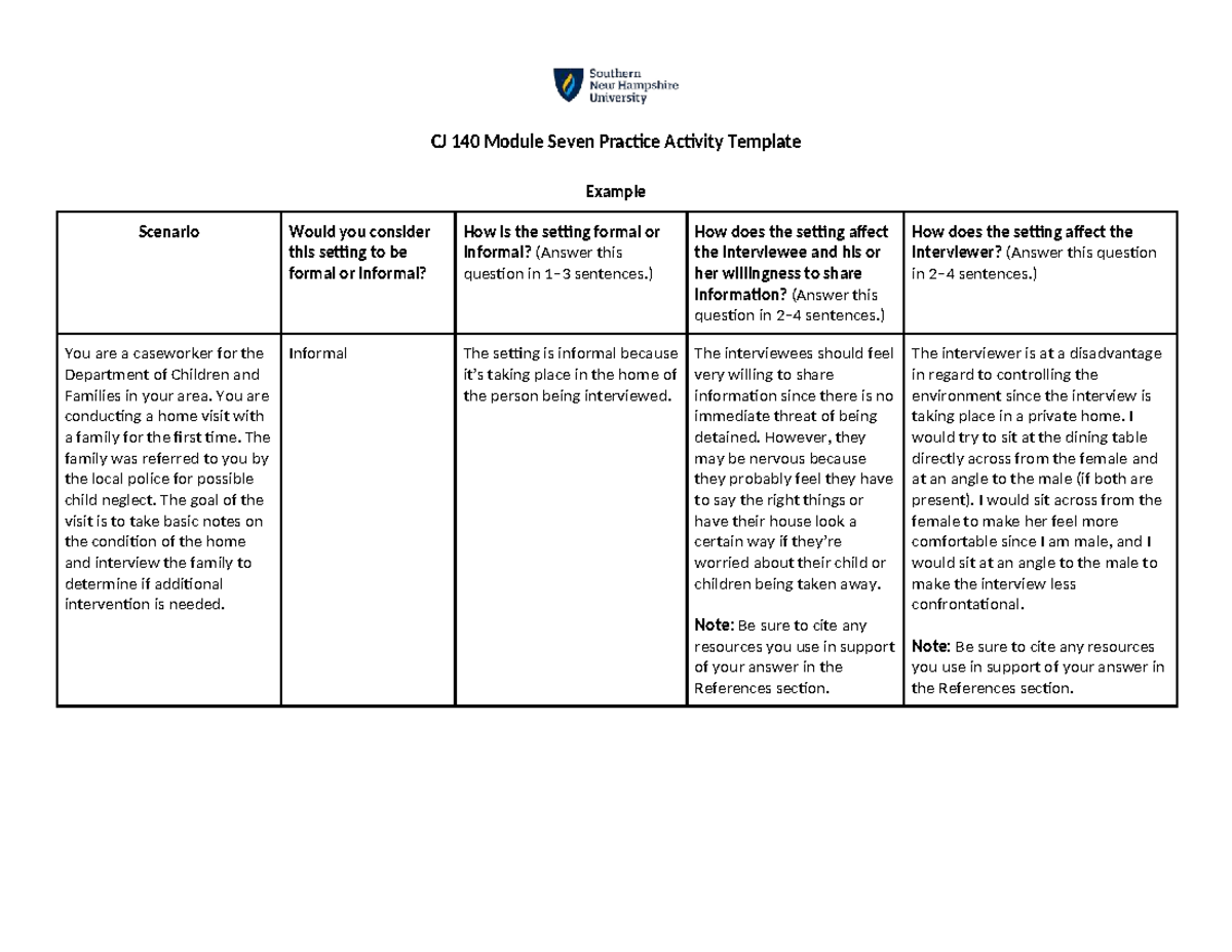 CJ 140 Module 7 Practice Activity: Analyzing Interview Settings - Studocu