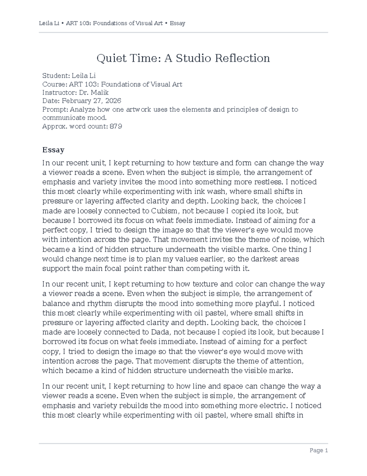 ART 103: Foundations of Visual Art Essay - Quiet Time Reflection - Studocu
