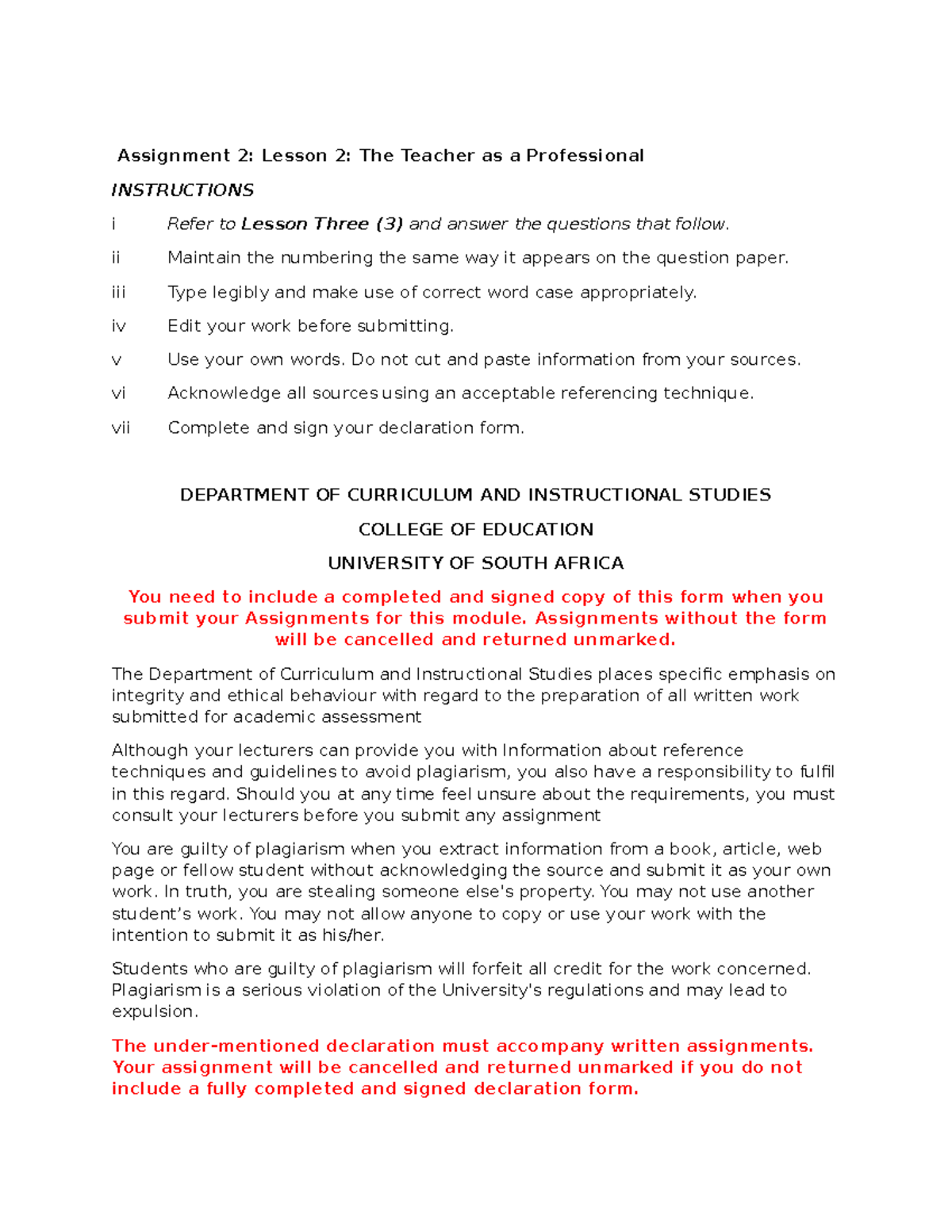 BPT1501 Assignment 2: Professionalism in Teaching Scenarios - Studocu