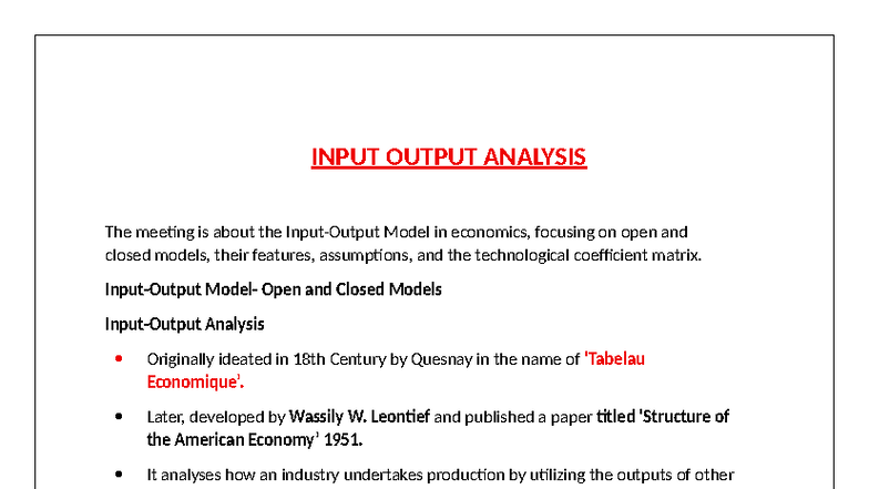 Input-Output Analysis: Open and Closed Models in Economics - Studocu