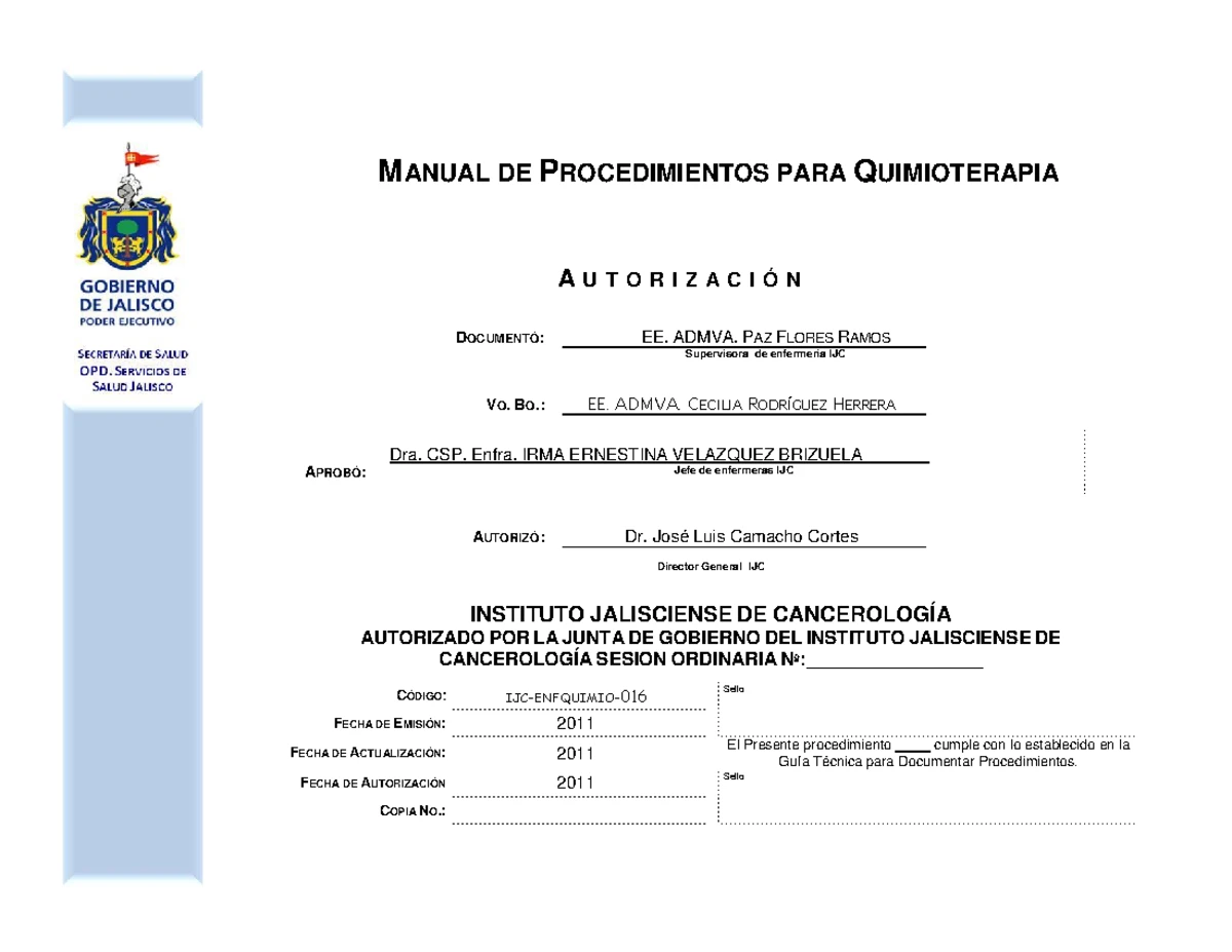 Manual de Procedimientos para la Administración de Quimioterapia 2660-006 - Studocu