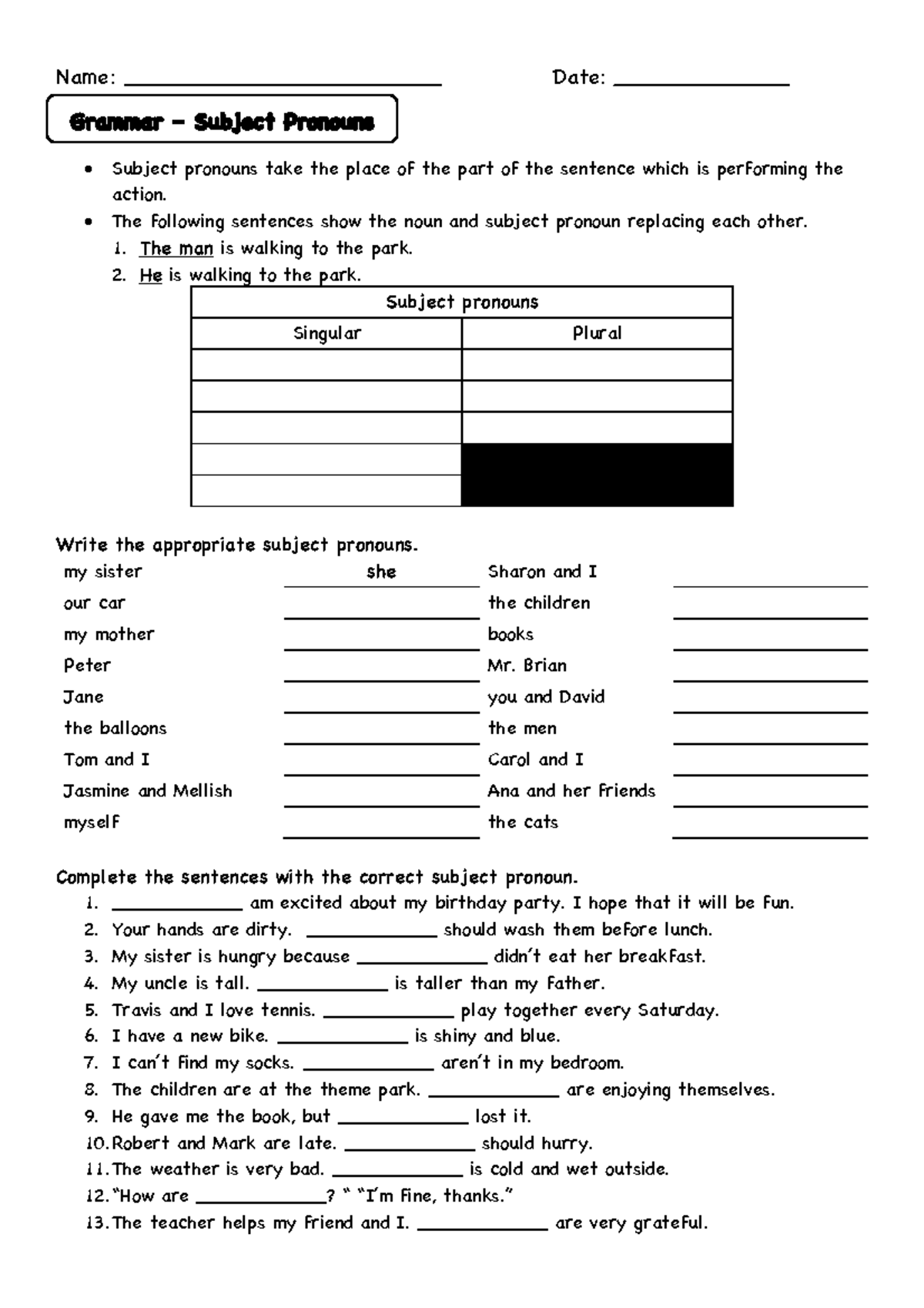 Subject Pronouns and Possessive Nouns: Study Guide for ESL - Studocu