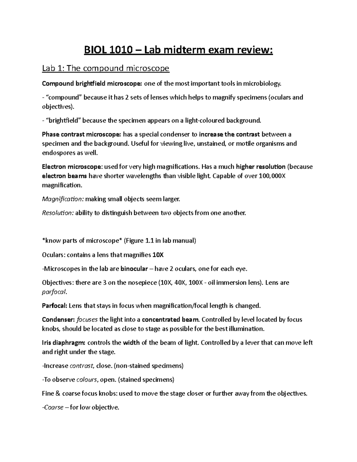 MBIO 1010 Midterm Lab Review: Essential Microbiology Techniques - Studocu