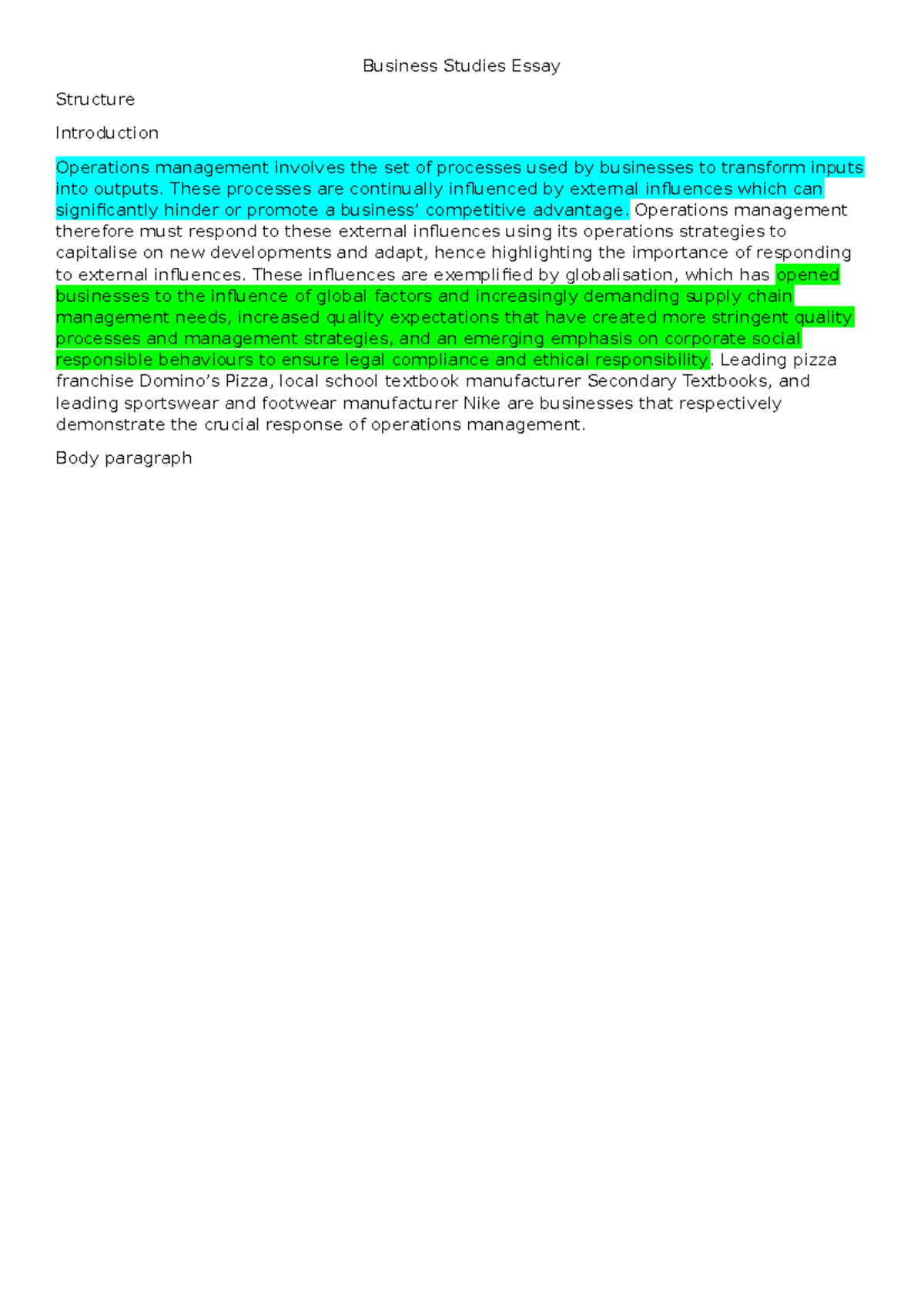 Business esaay structure - Business Studies Essay Structure ...