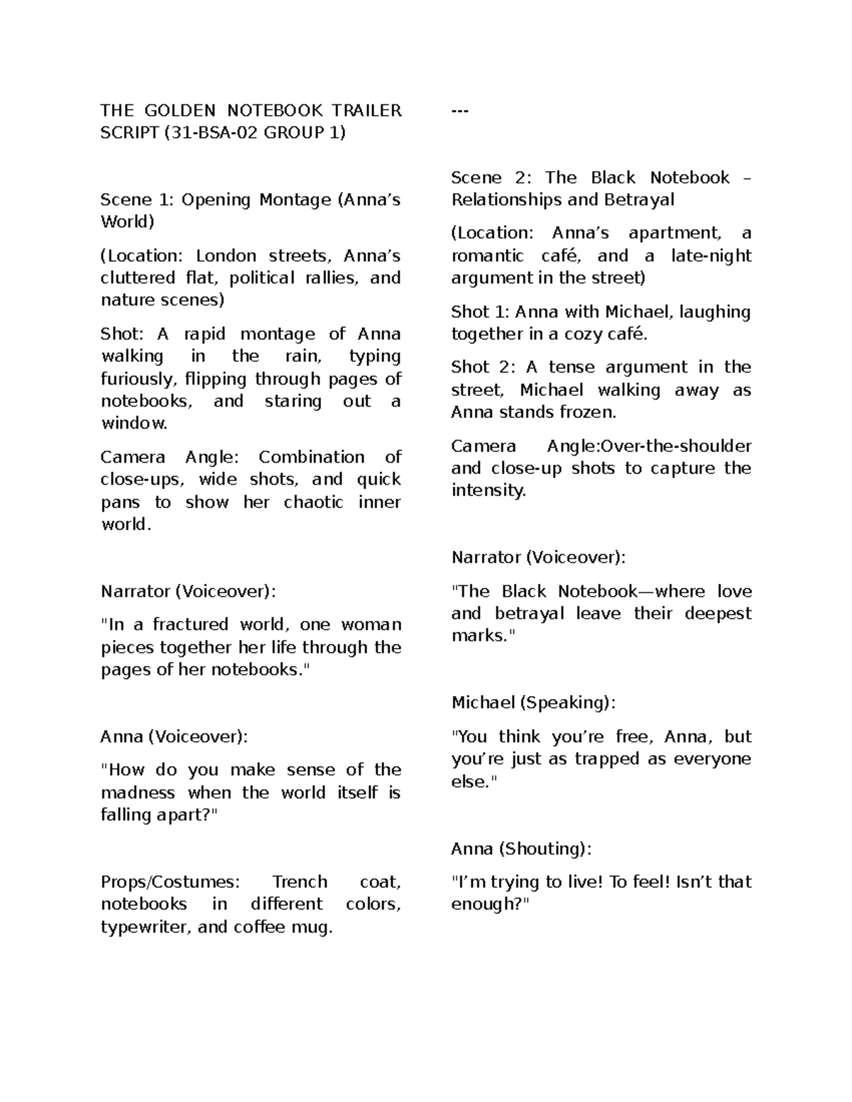 THE Golden Notebook Script - THE GOLDEN NOTEBOOK TRAILER SCRIPT (31-BSA ...