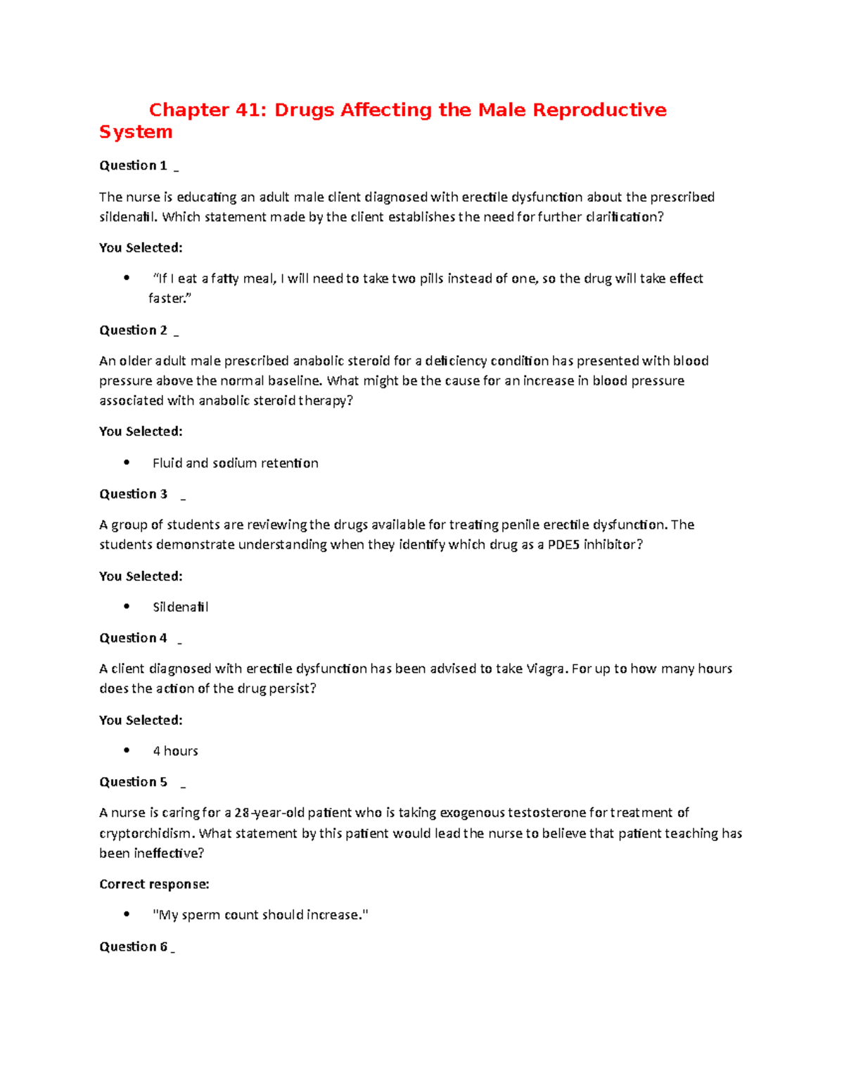 Chapter 41 Quiz: Understanding Male Reproductive Medications - Studocu