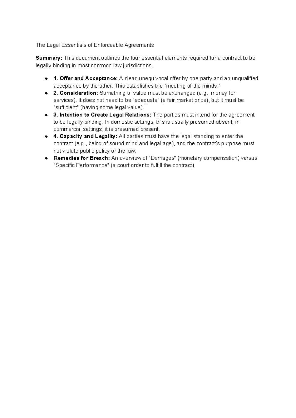 Legal Essentials of Enforceable Agreements: Key Elements Summary - Studocu