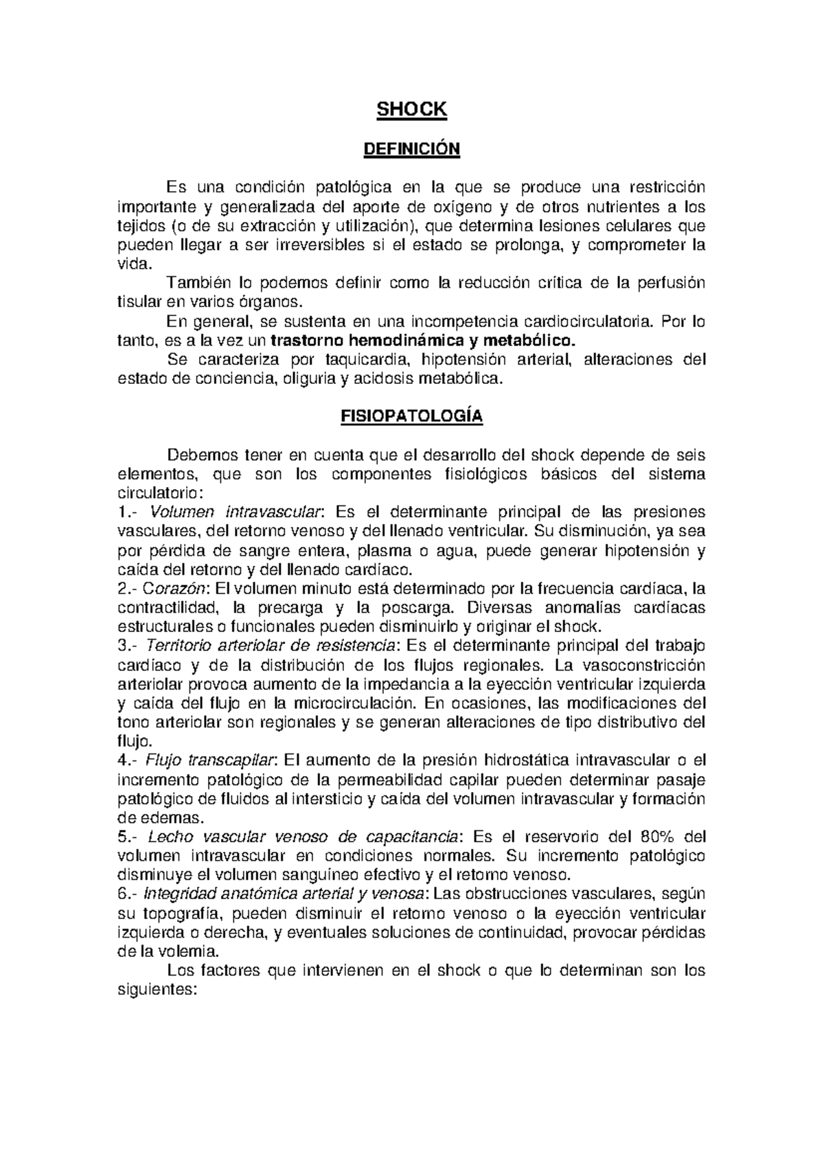 Fisiopatología del Shock: Definición, Clasificación y Tratamiento - Studocu