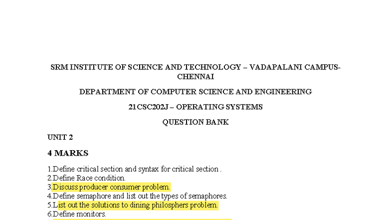 21CSC202J Operating Systems Unit II Question Bank - Studocu