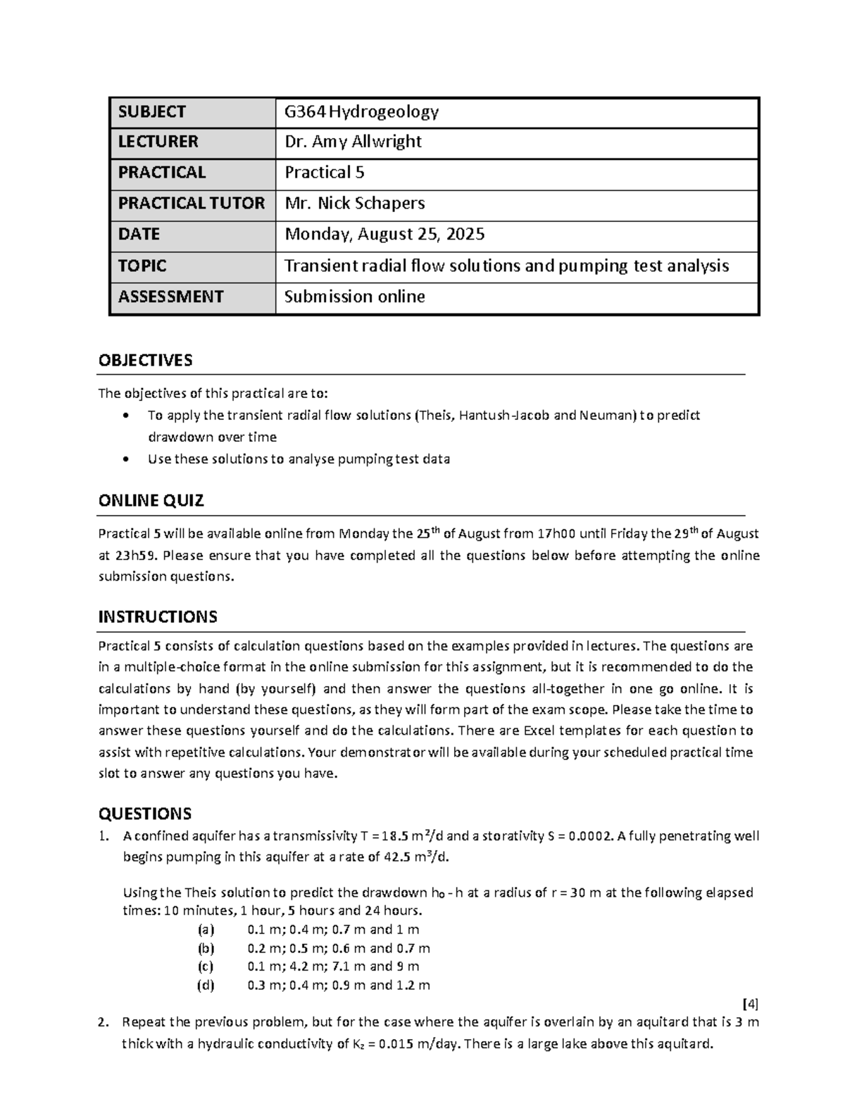 Hydrogeology G364 Practical 5: Transient Radial Flow Solutions - Studocu