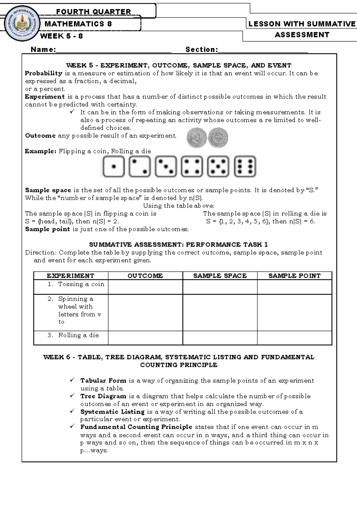 Midterm Q4 Math 8: Lessons on Probability & Assessments - Studocu