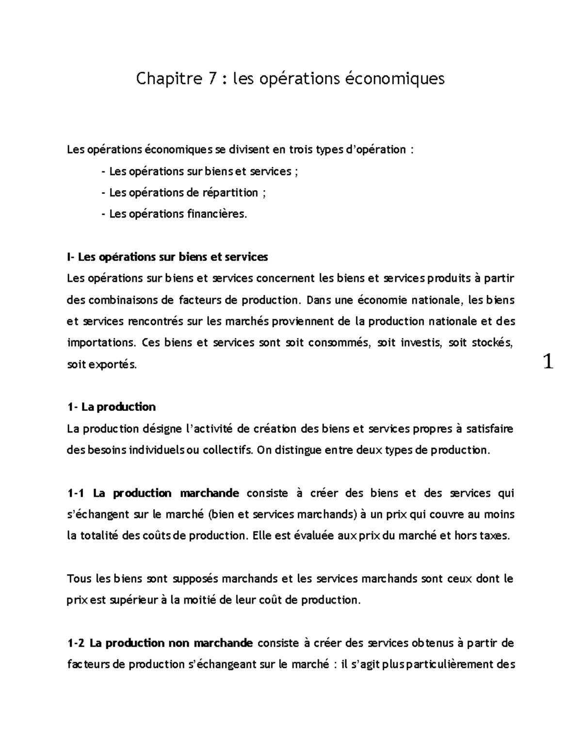 Chapitre 7 : Opérations Économiques et Flux de Marché - Studocu