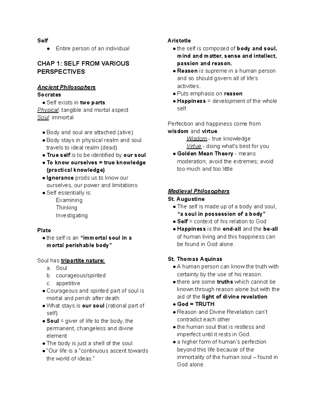 UTS Reviewer - notes - Self Entire person of an individual CHAP 1: SELF ...