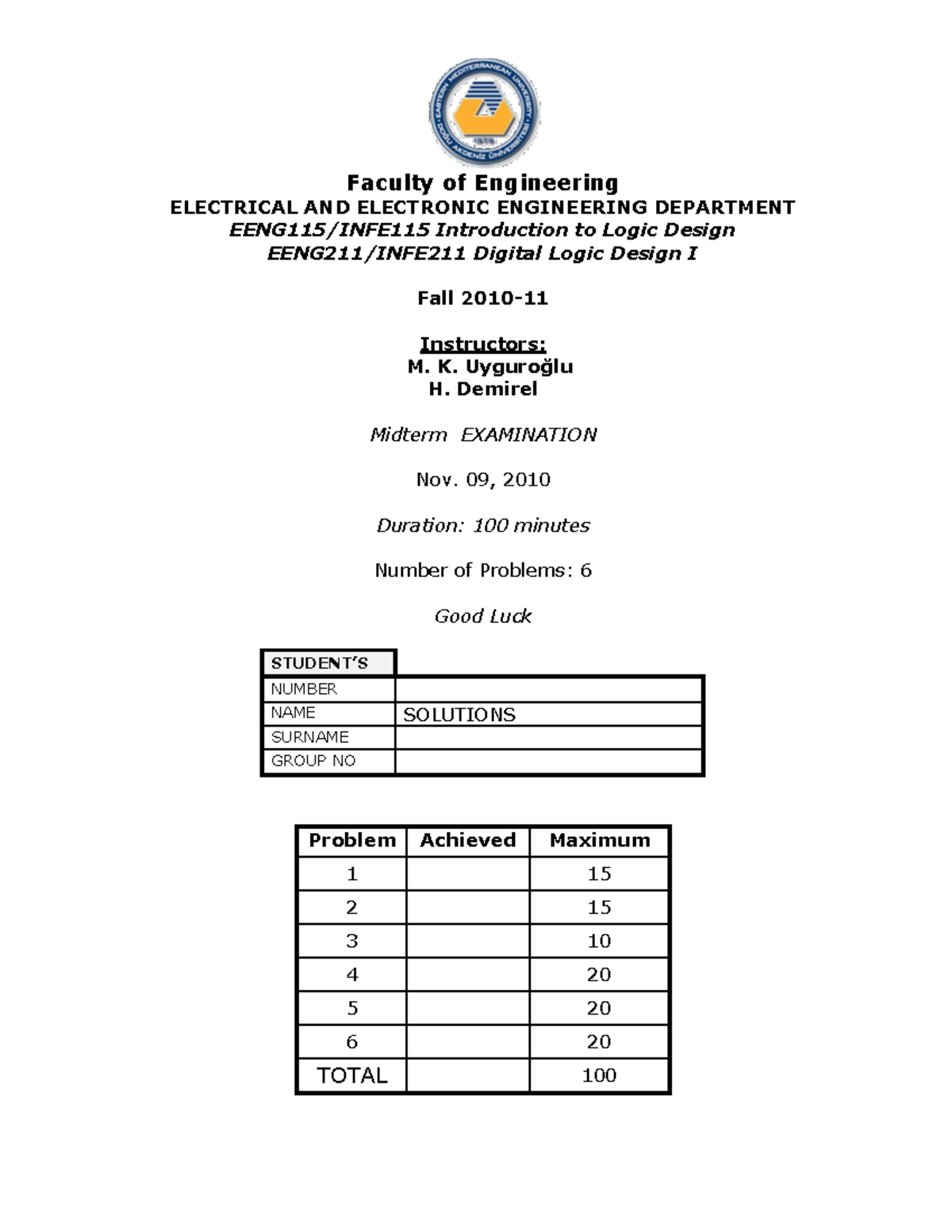 EENG211-F1011-Midterm Solutions - Fall 2010 - Studocu