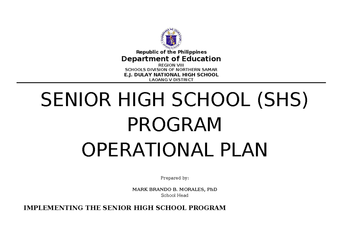 Operational Plan for SHS Program Implementation - E.J. Dulay NHS - Studocu