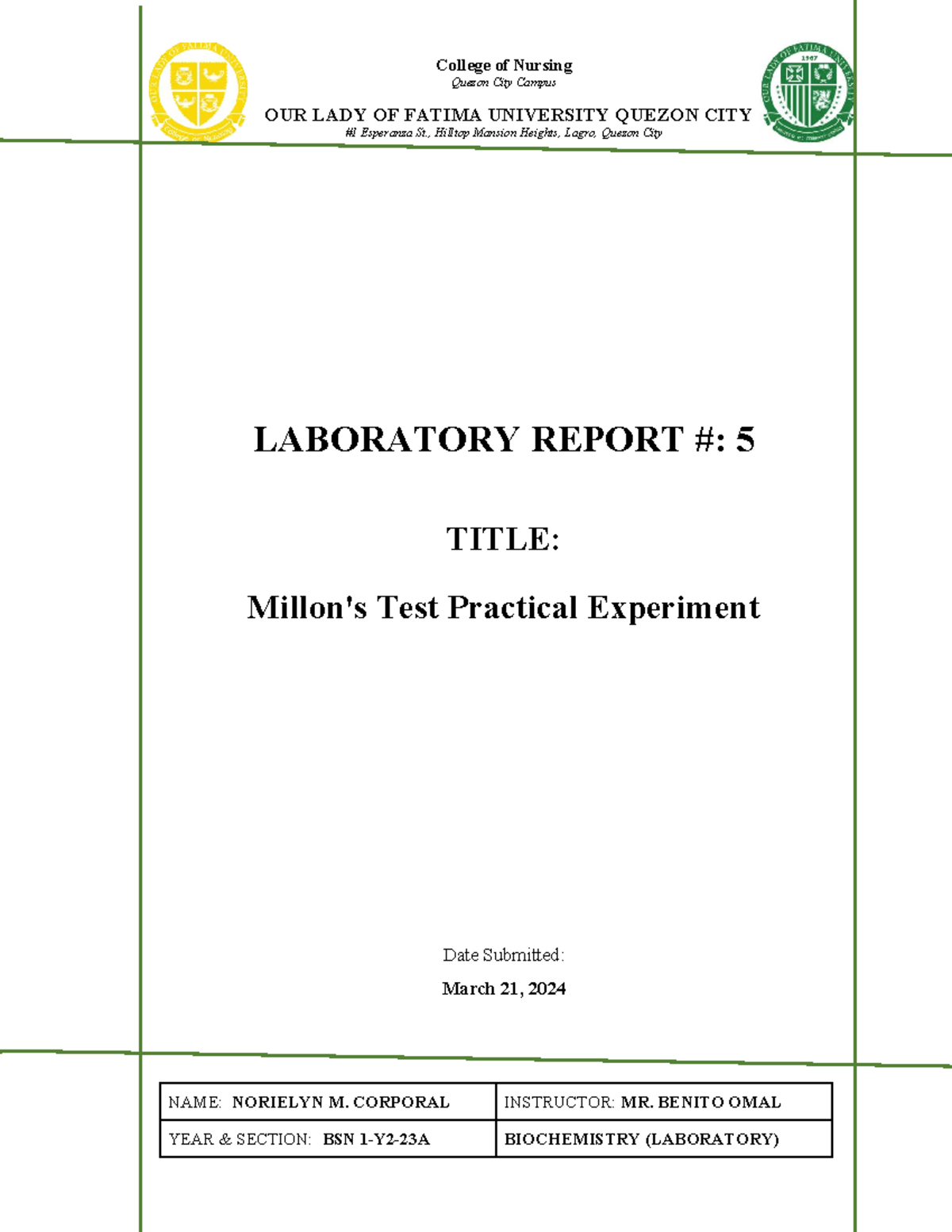 Laboratory Report 5 - Practical Experiment on Millon's Test - Studocu