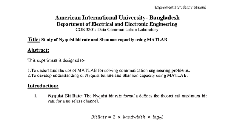 COE 3201: Data Comm Lab Manual - Nyquist & Shannon Analysis - Studocu