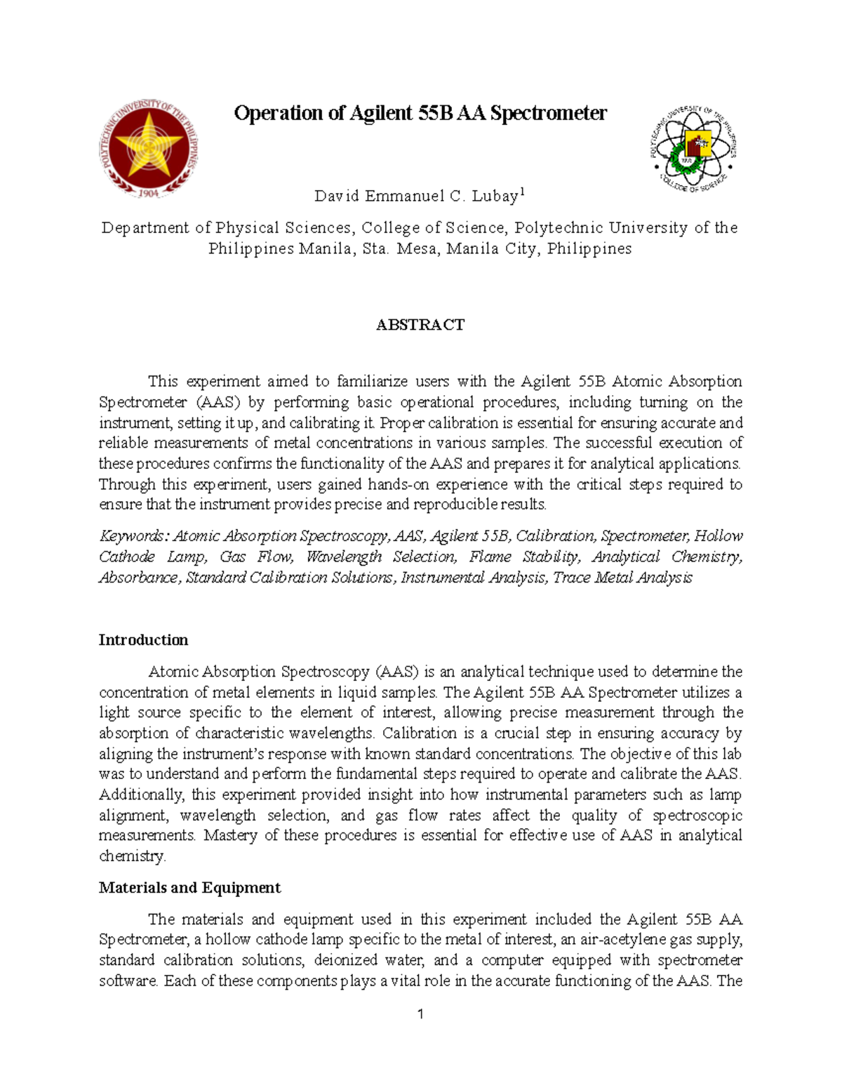 Atomic Absorption Spectroscopy Lab - 1 Operation of Agilent 55B AA ...