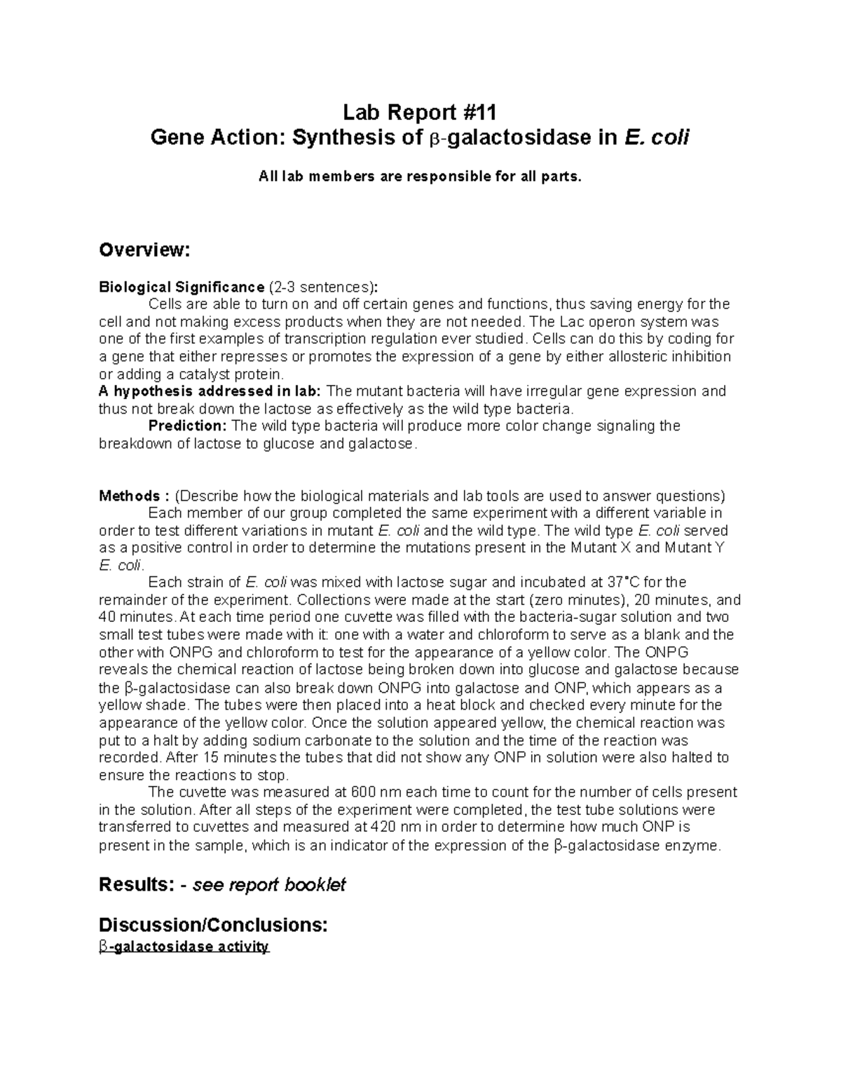 Lab Report Gene Action: Synthesis of in E. coli - Studocu