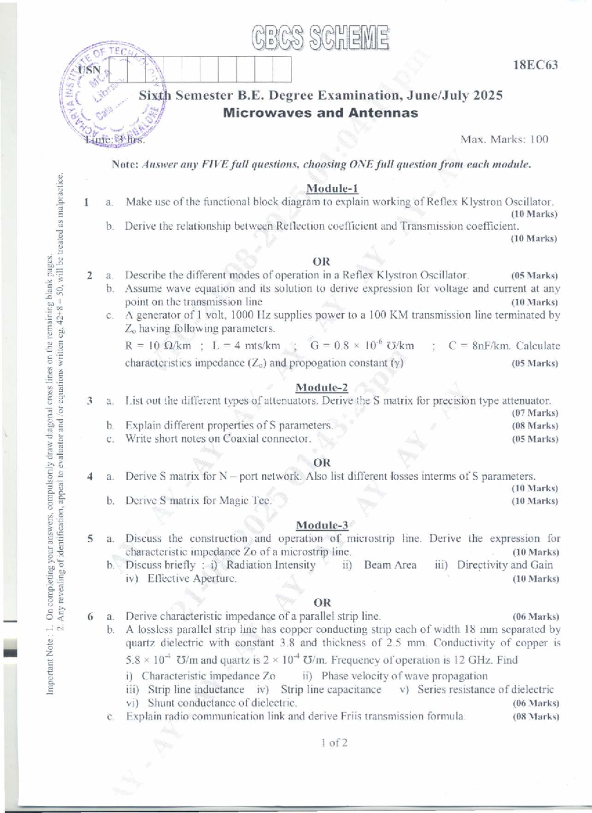 18EC63 - Microwave and Antenna Final Exam Question Paper - Studocu