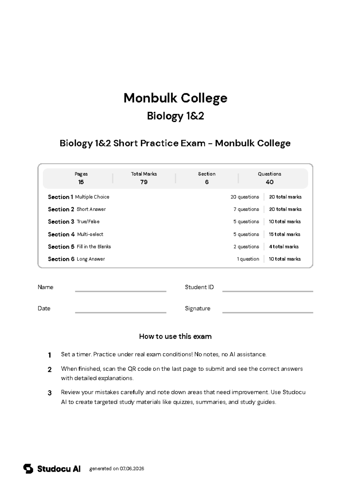 Biology 1&2 Short Practice Exam - Monbulk College - Studocu