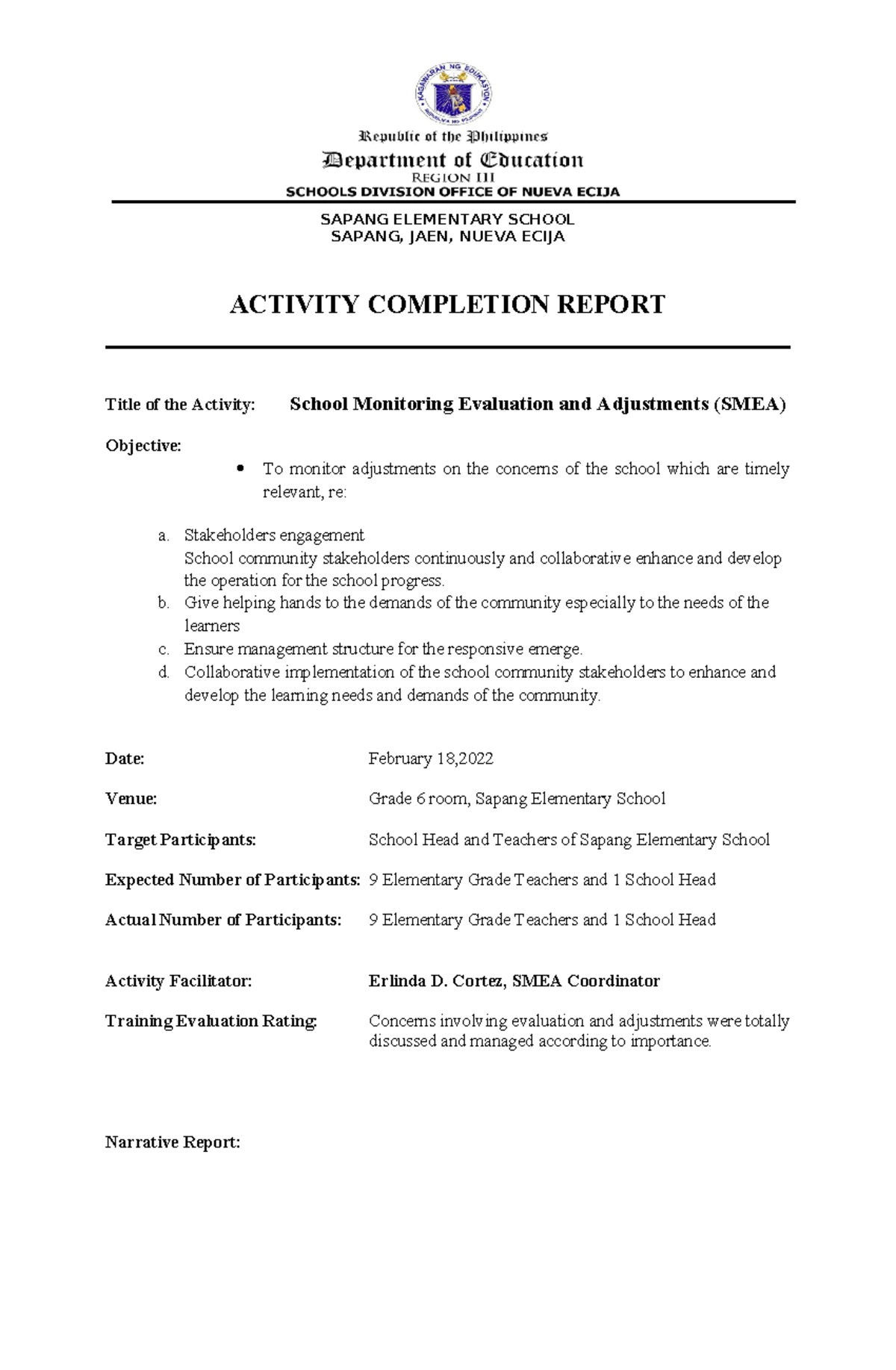 ACR SMEA 2021-2022 Report: School Monitoring & Evaluation Activities ...
