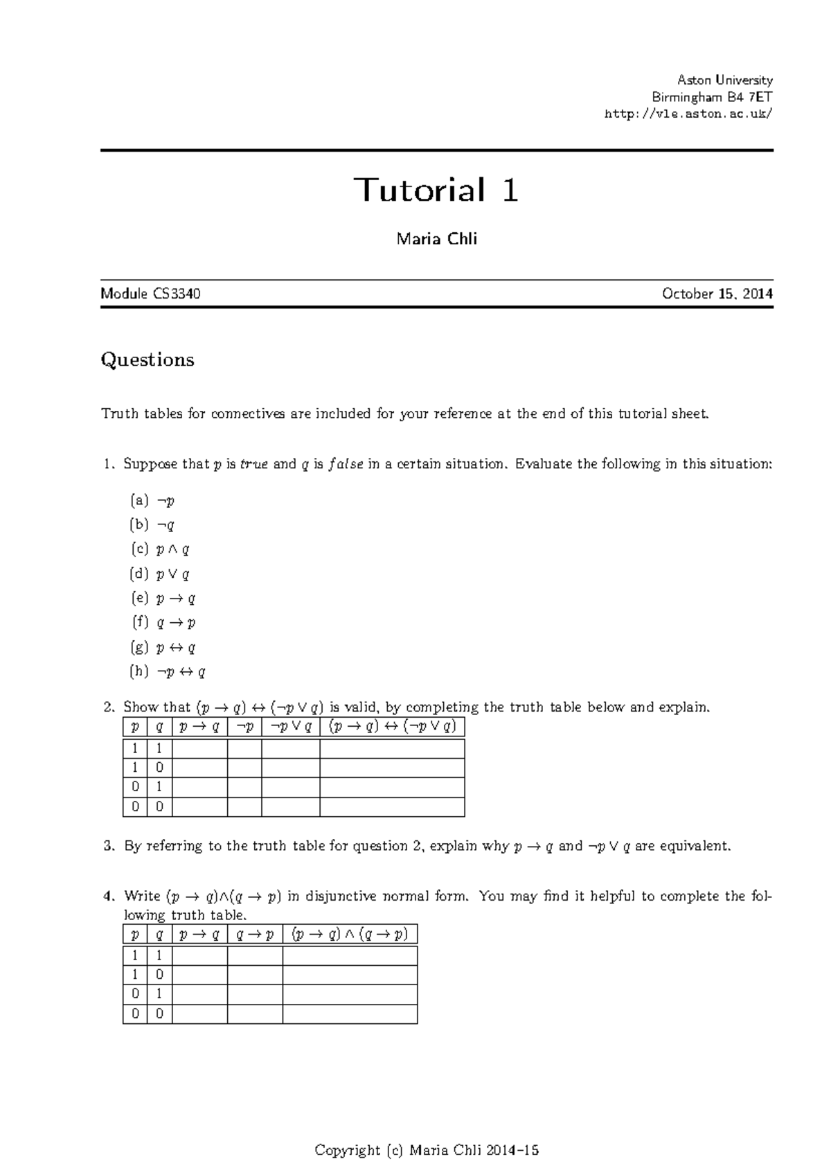 Tutorial 1 - Aston University Birmingham B4 7ET vle.aston.ac/ Tutorial ...