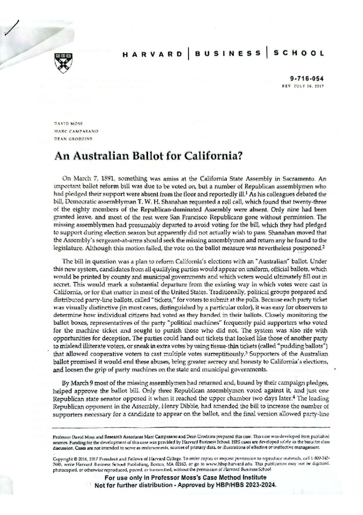 Case Study: The Australian Ballot Reform in California (1891) - Studocu