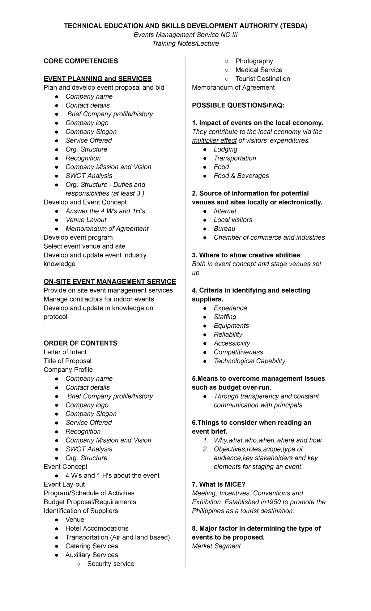 TESDA Events Management Service NC Training: Core Competencies Guide ...
