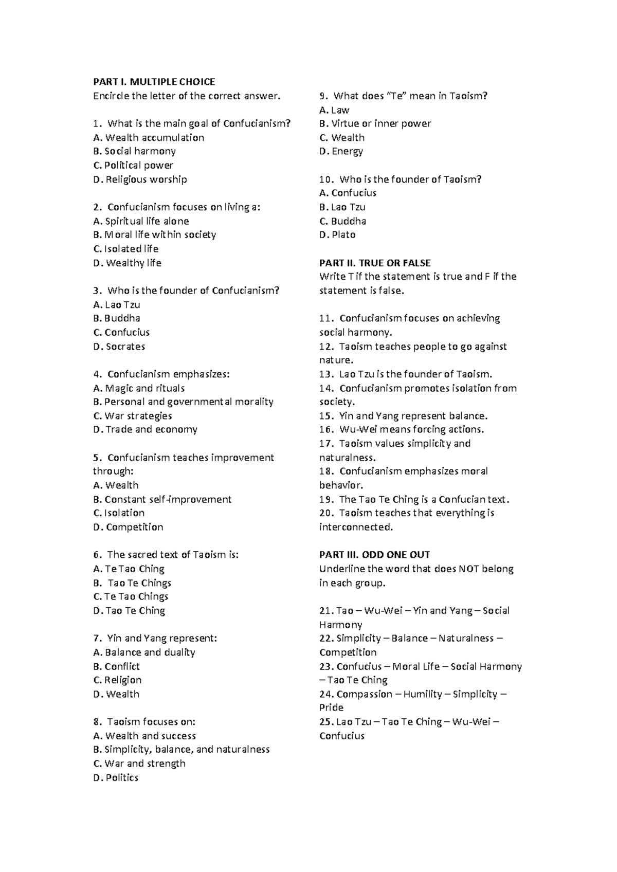QUIZ - Ethics: Confucianism and Taoism Concepts - Studocu