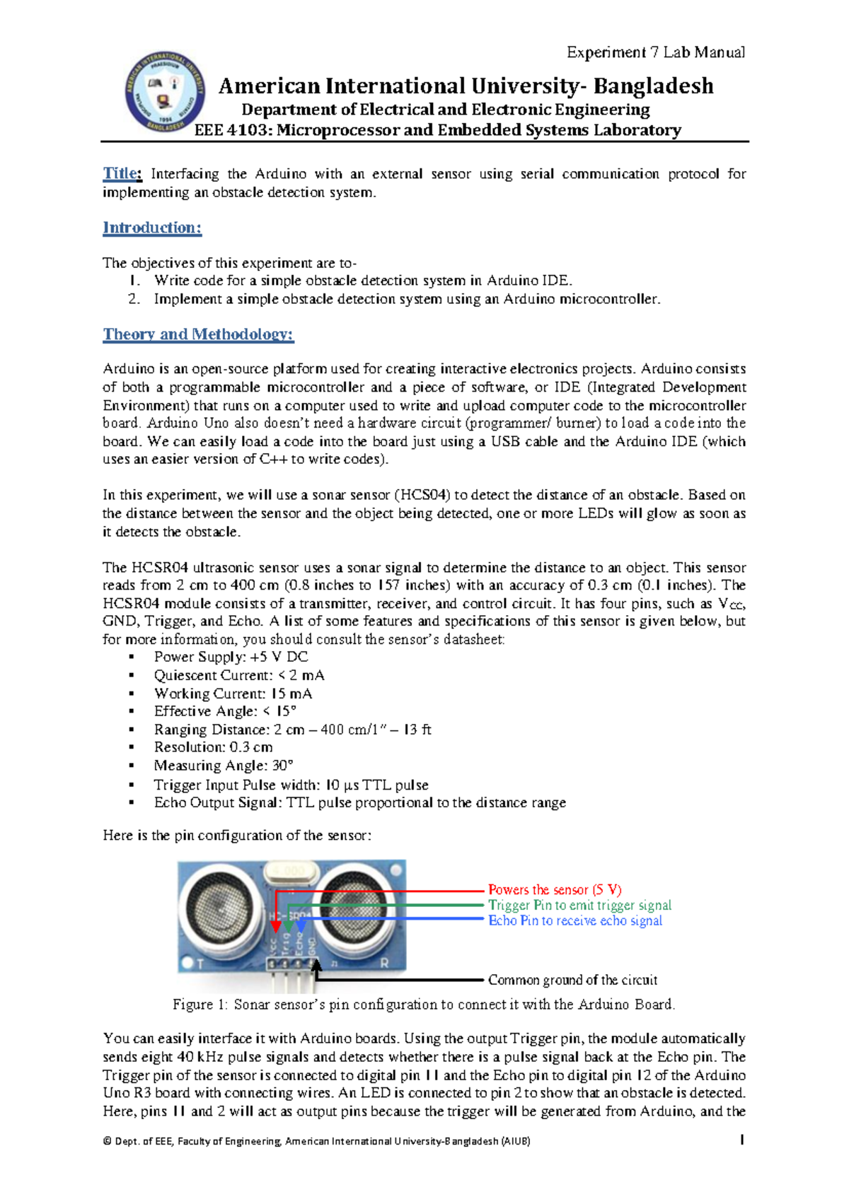 Lab Manual 4103: Experiment 7 - Arduino Obstacle Detection System - Studocu