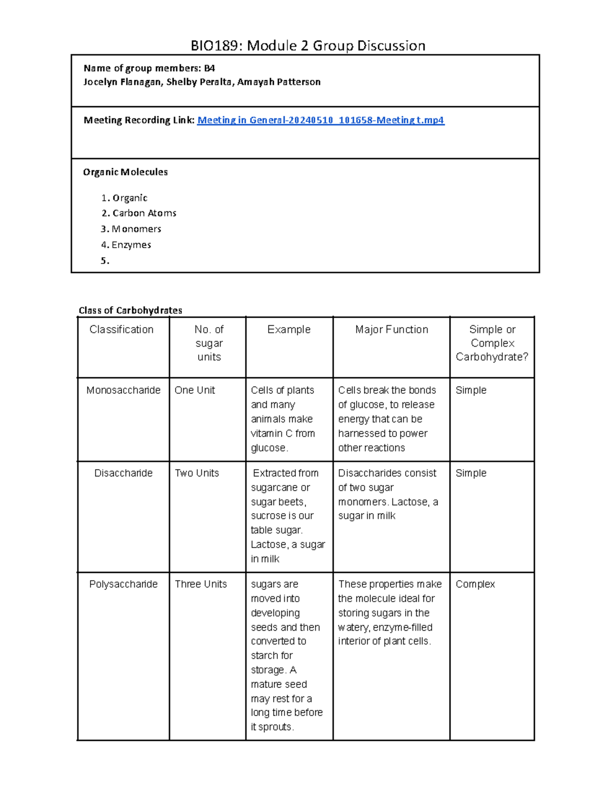 BIO189: Module 2 Group Discussion Worksheet on Organic Molecules - Studocu