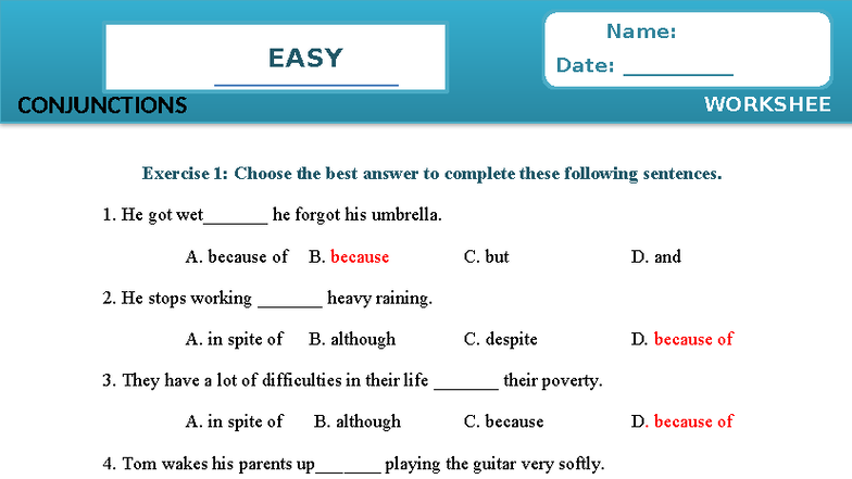 Conjunctions - Worksheet (EASY GRAMMAR) - Studocu